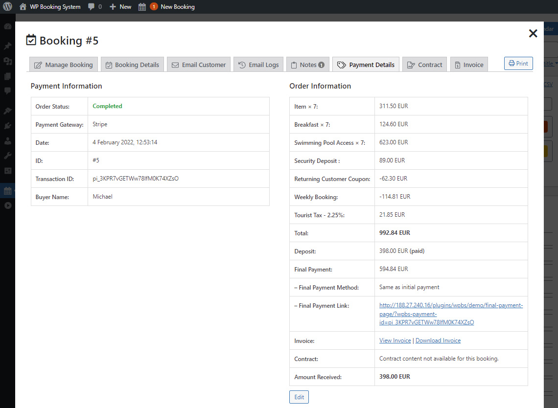 Booking payment details – WP Booking System