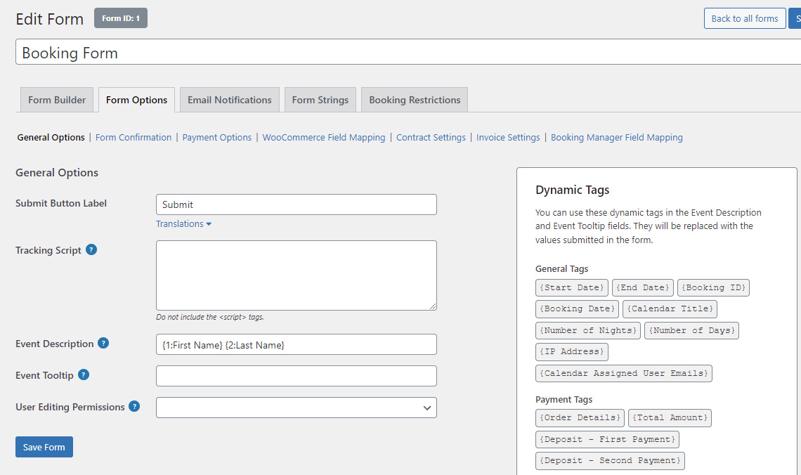 General options – WP Booking System