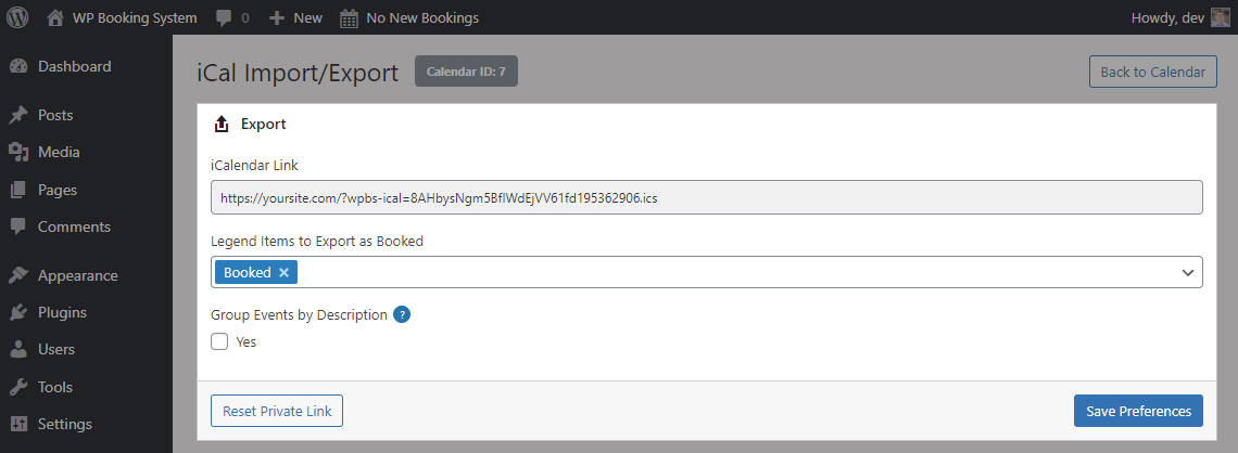 Export ICalendar Feed WP Booking System