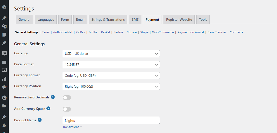 General payment settings – WP Booking System