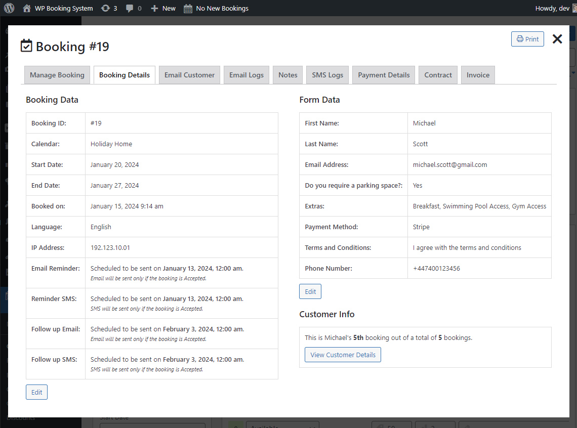 Booking details – WP Booking System